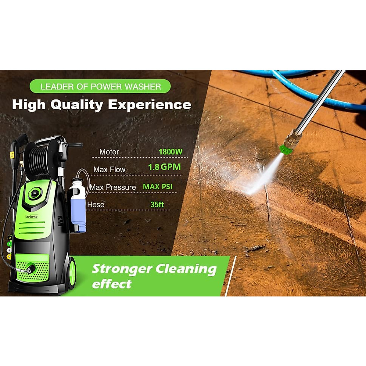 mrliance Electric Pressure Washer 1.8GPM Power Washer 1800W High Pressure Washer Cleaner Machine with 4 Interchangeable Nozzle & Hose Reel, Best for Cleaning Patio, Garden,Yard