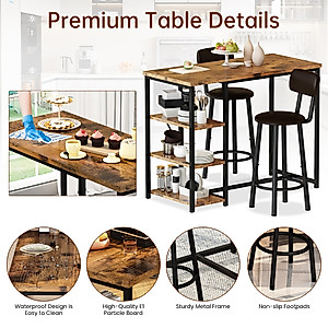 DKLGG Dining Table Set for 2, Counter Height Pub Table with 2 PU Leather Widen Backrest Bar Stools & 3 Storage Shelves, Bar Table and Chairs Set for Small Space Kitchen, Dining Room, Bar, Brown