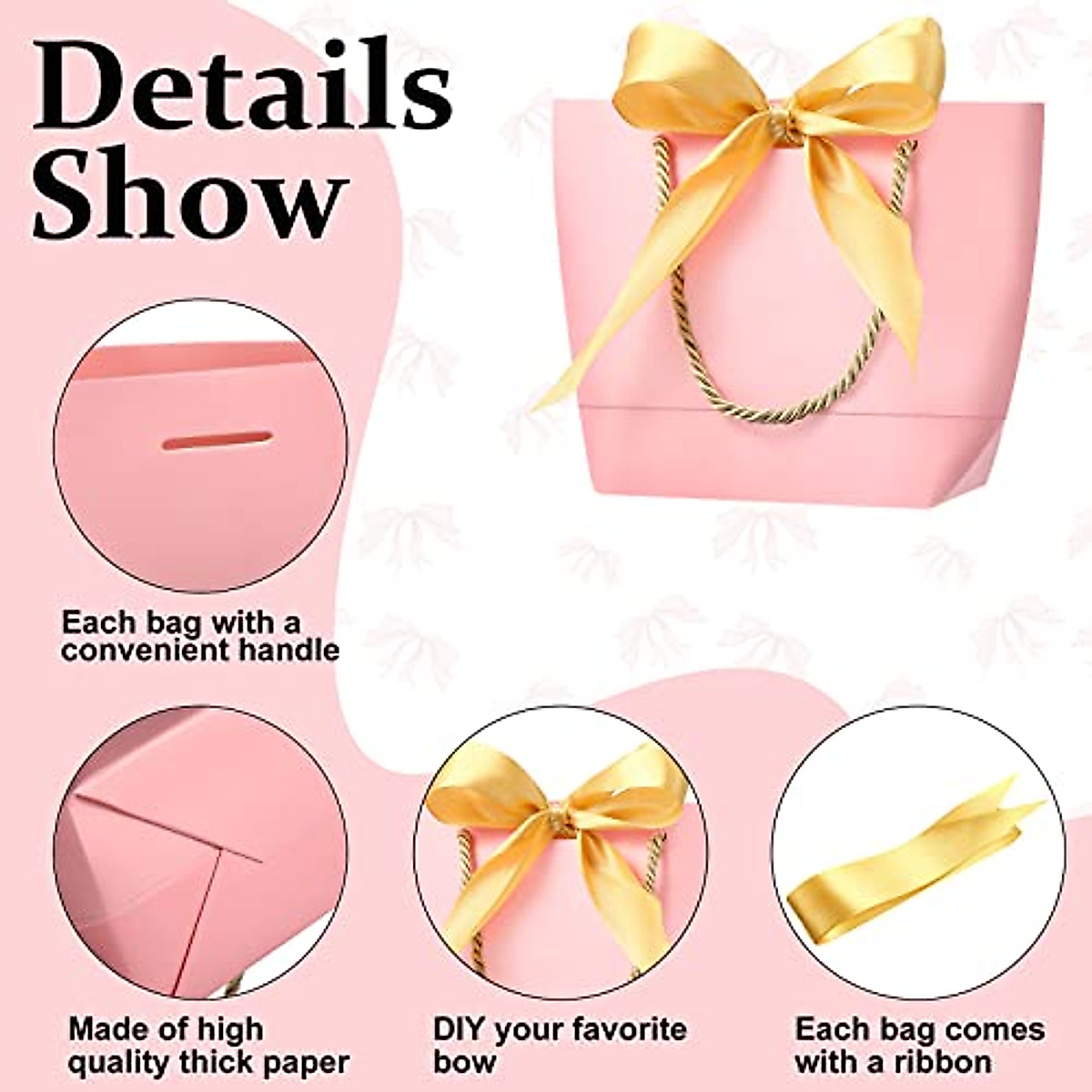 Mimorou 40 Pcs Pink Gift Bags with Handles Bow Ribbon Party Favor Bag 8.27 x 6.3 x 2.76 Inches Pink Paper Bags for Birthday Wedding Valentine's Day Bridesmaid Celebration Holiday Party Supplies