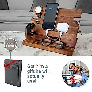 ETERLUCK Wooden Docking Station Men, Nightstand Organizer Bundle w/RFID Blocking Leather Wallet - Charging Station, Cell Phone Stand, Tablet Stand, Husband Gifts from Wife, for Dad - Walnut
