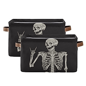 AUUXVA Human Skeleton Skull Storage Bins Basket, Day of The Dead Halloween Collapsible Storage Cube Rectangle Storage Box with Handles for Shelf Closet Nursery Bedroom Home Office 1 Pack