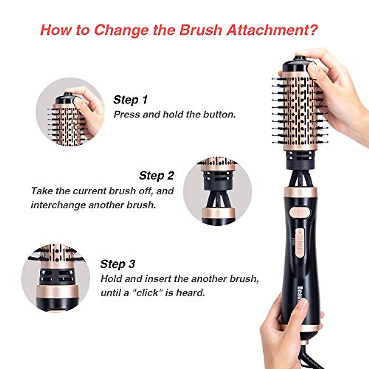 Beautimeter Hair Dryer Brush, 3-in-1 Round Hot Air Spin Brush Kit for Styling and Frizz Control, Negative Ionic Blow Hair Dryer Brush Volumizer, 2 Detachable Auto-Rotating Curling Brush, Black & Gold