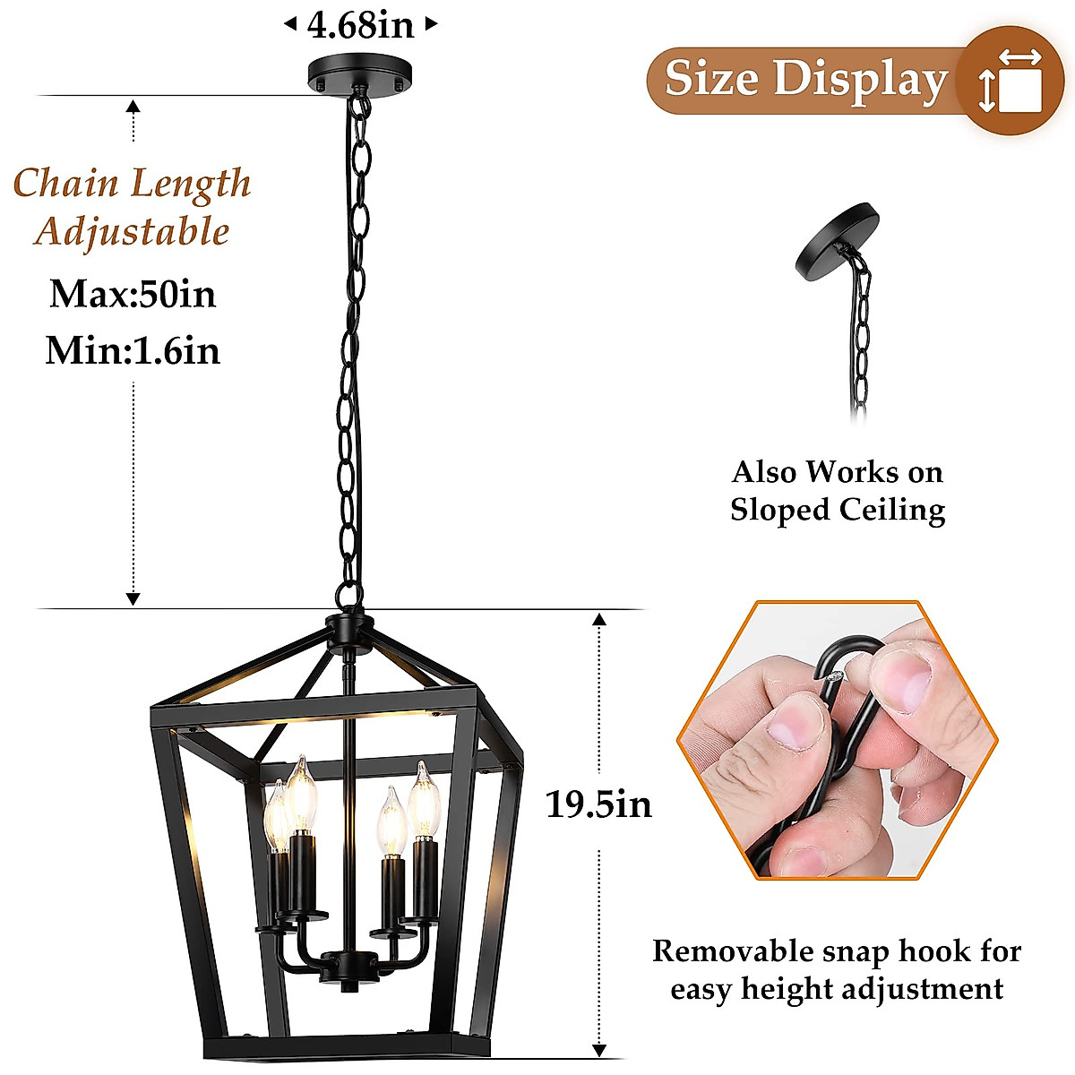 BrightHome Farmhouse Chandelier 4-Light, Black Pendant Light Fixture Ceiling Hanging for Kitchen Island Dining Room, Lantern Industrial Lighting with Metal Cage Adjustable Height for Entryway Foyer