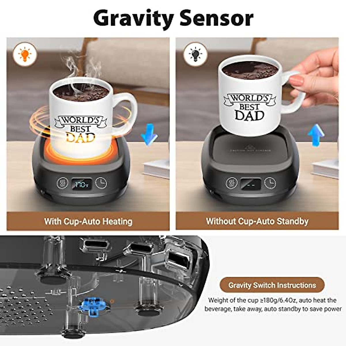 Coffee Mug Warmer,Coffee Warmer with 3 Temperature Settings, Auto Shutt-Off,Gravity Switch and 3x10W Charging Port, 70W Coffee Cup Warmer for Desk Use,Electric Beverage Warmer for Keep Coffee Tea Hot