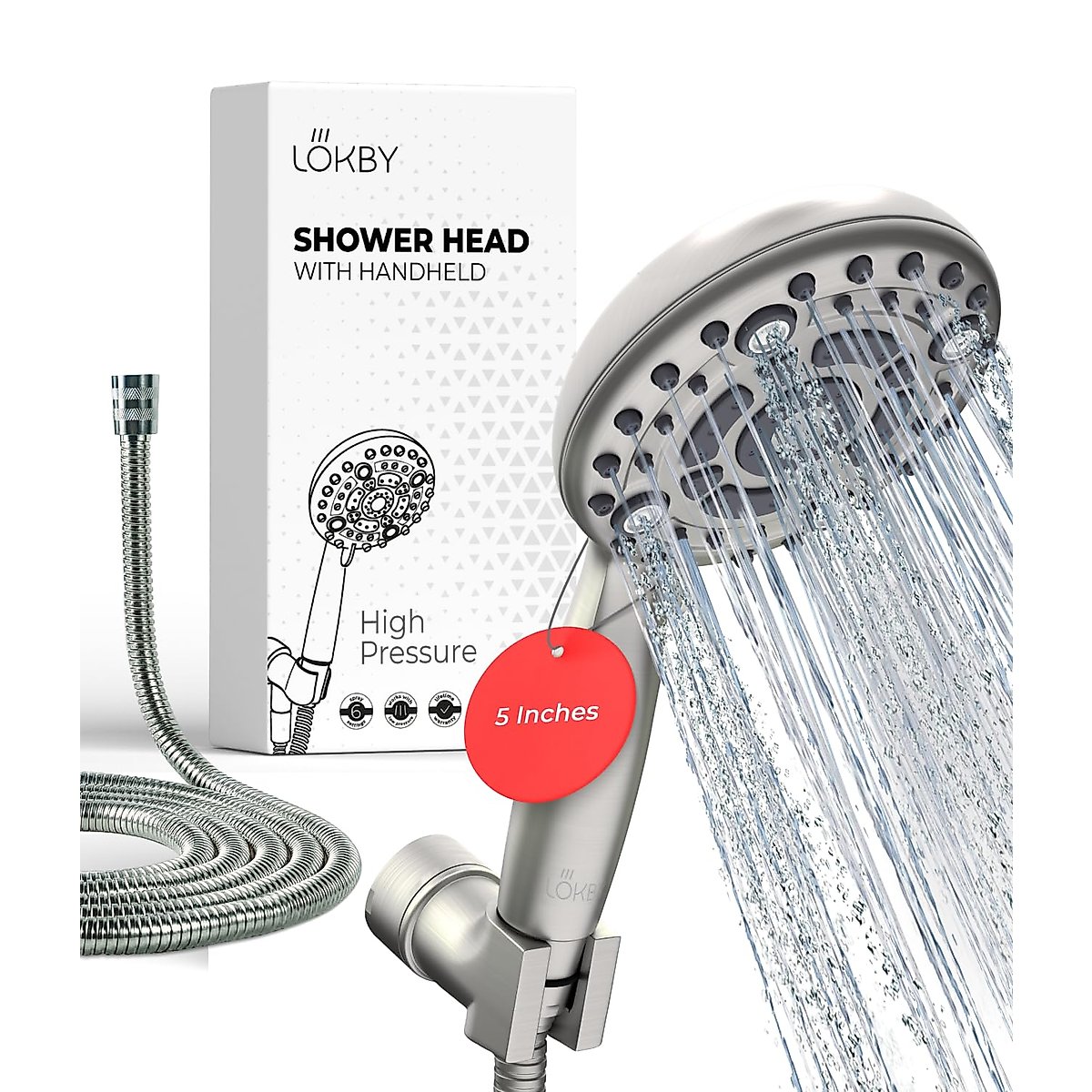LOKBY Water Saving High Pressure Shower Head with Handheld Set - Detachable Rain Shower Head Set 6-Mode for Low Flow - Removable Hand Held Shower Head with Hose 59'' - No Tool 1-Min Install - Nickel