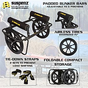 Suspenz Kayak Canoe Transport Cart, All-Terrain Super Duty Trolley Carrier with No-Flat Airless Wheels and Kickstand, 300 lb Load Capacity, Black (22-9908)