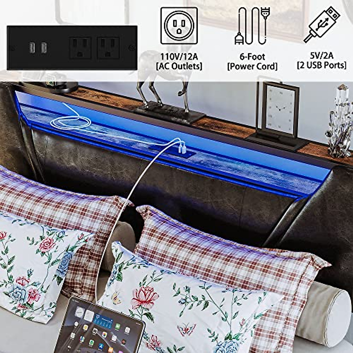 IRONCK Queen Bed Frame with Drawers, Ergonomic Storage Headboard with Charging Station, LED Light, Solid and Stable, No Box Spring Needed