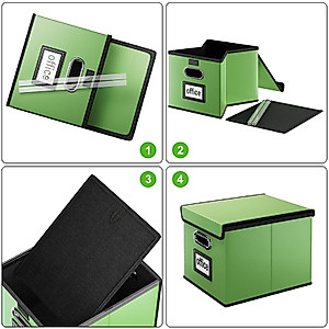 Huolewa Upgraded File Organizer Box with Lid, Collapsible Faux Leather Document Organizer, Hanging File Folder Box with Plastic Slide, Decorative Filing Box Cabinet for File and Folders Storage(Green)