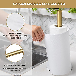 Adedeo Paper Towel Holder Countertop, White Marble Base, Gold Stainless Steel, Free Standing Paper Towels Roll Holder Stand for Kitchen Counter, Bathroom