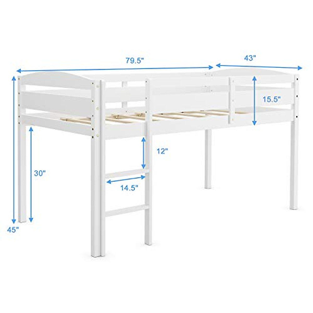 Costzon Twin Loft Bed, Solid Wood Low Loft Bed w/Guard Rail and Ladder, Boys & Girls Twin Bed for Kids Room, No Box Spring Needed, Classic Children Low Loft Bed with Storage for Bedroom, White