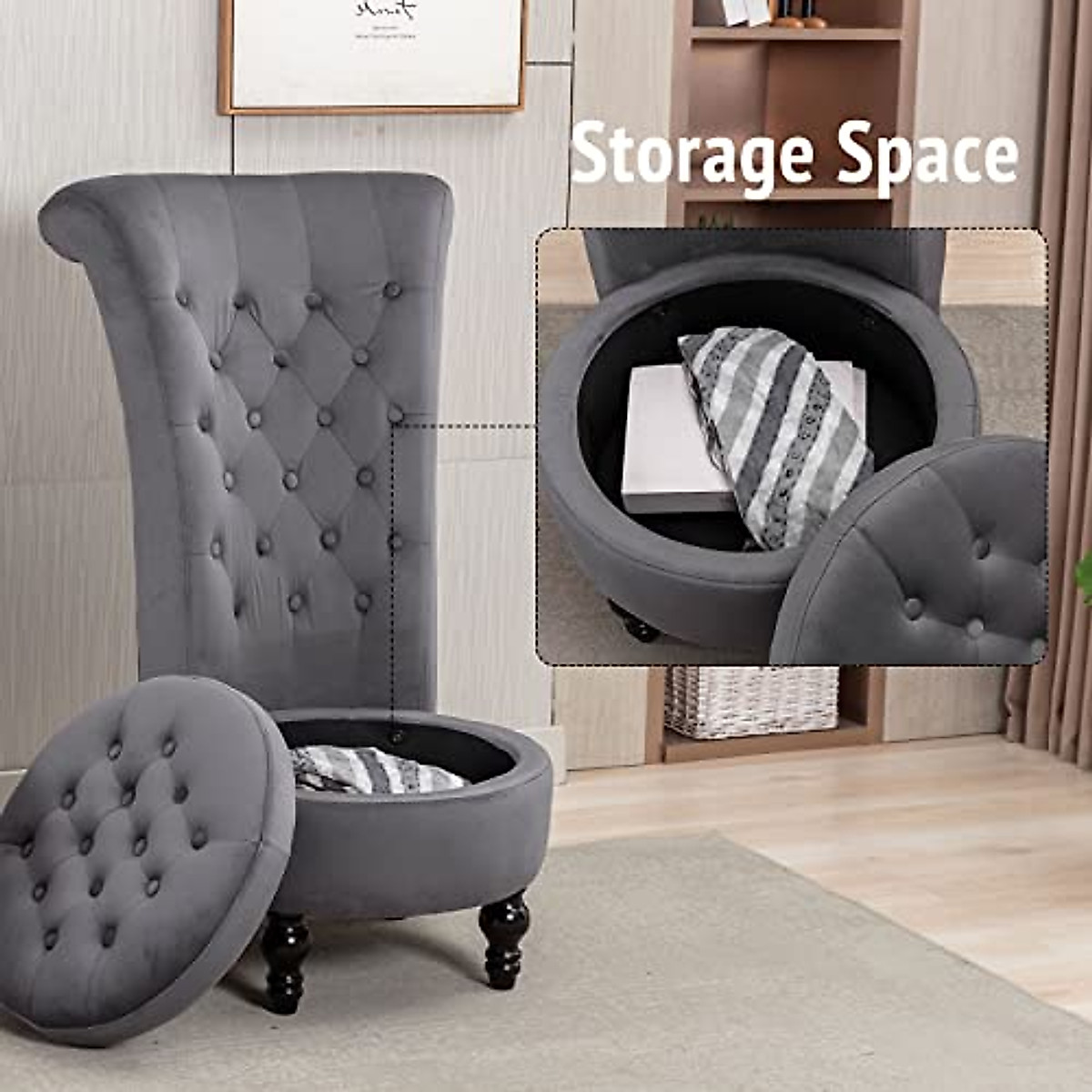 Icoget Gothic Queen of Throne Chair, 2 PCS Velvet High Back Chair w/Button-Tufted Upholstered Design, Royal Retro Armless Accent Chair w/Rubberwood Legs and Storage Space for Living Room, Grey