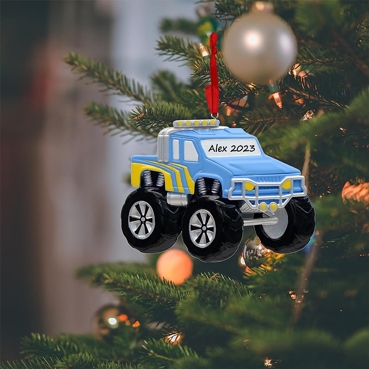 Blue Monster Truck Personalized Christmas Tree Ornaments Big Wheel Truck Christmas Keepsake Gift for Kids Children Grandson