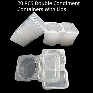 HNOYGNU 20 Sets Double Compartment Condiment Containers with lids,2 Compartment Snack Containers Snack Disposable Plastic Dip Container Snack Container for Takeaway Sauces, Dips and Travelling Snacks