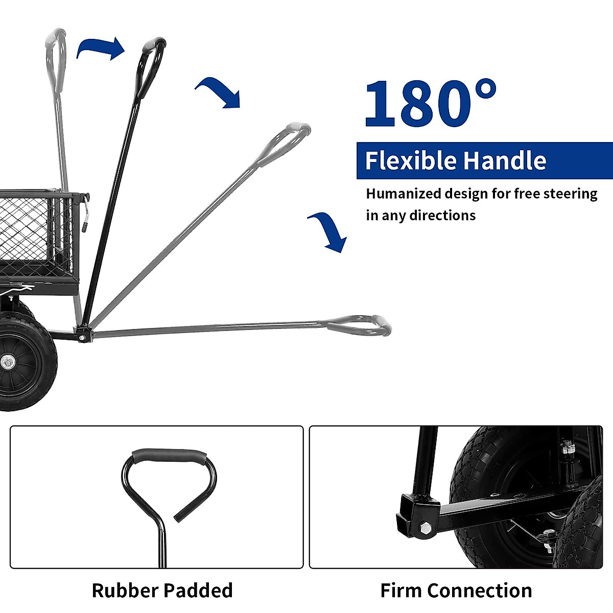 BILT HARD 400 lbs 10" Flat Free Tires Steel Garden Cart with 180° Rotating Handle and Removable Sides, 4 Cu.Ft Capacity Utility Heavy Duty Garden Carts and Wagons