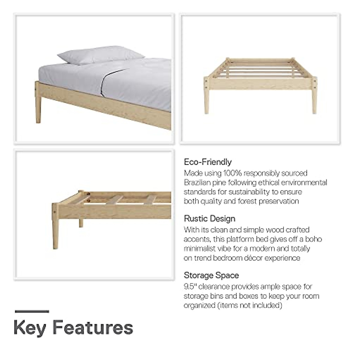 DHP Lorriana 14" Solid Pine Wood Platform Bed Frame, Twin Size, Natural