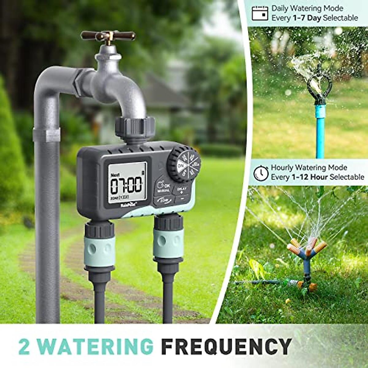 RAINPOINT Sprinkler Timer 2 Outlet, Water Timer for Garden Hose, Programmable Drip Irrigation Timer for Yard Outdoor Watering, Rain Delay/Manual/Automatic System Controller 2.5" LCD, V2, 2023 Release