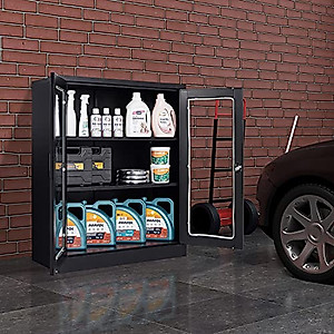 Anxxsu Metal Storage Cabinet with Glass Door, Locking Display Storage Cabinet with 2 Glass Doors and 2 Adjustable Shelves for Home, Office, Bedroom Storage (Black)