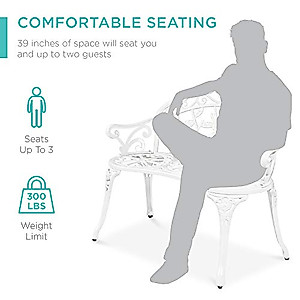 Best Choice Products Outdoor Bench Steel Garden Patio Porch Loveseat Furniture for Lawn, Park, Deck Seating w/Floral Rose Accent, Antique Finish - White