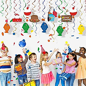 30CT Gone Fishing Party Hanging Swirl Decorations Kit Little Fisherman The Big One Birthday Baby Shower Photo Props Summer Reel Fun Ideas Ceiling Door Foil Whirls Streamers Supplies