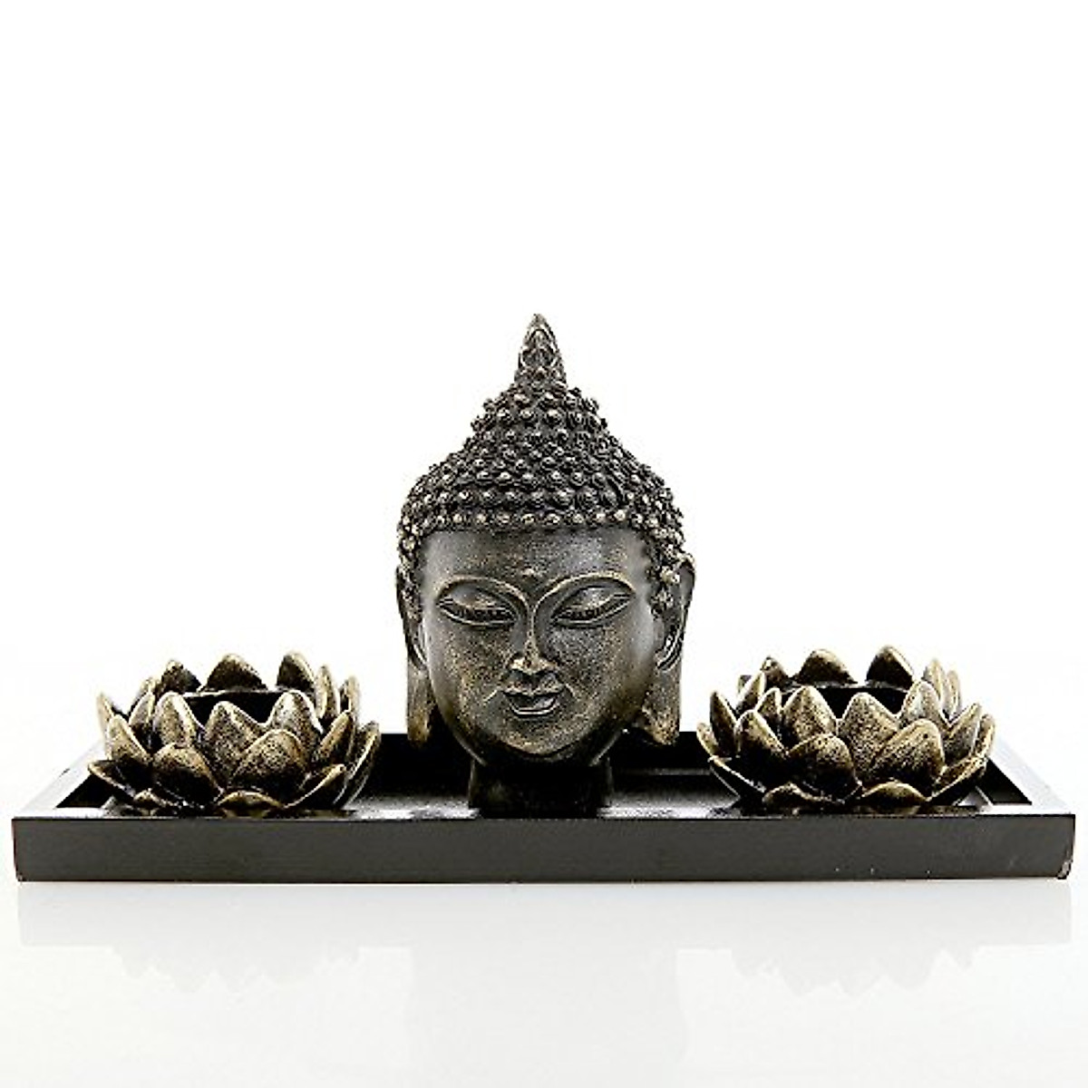 MyGift Black Buddha Head Sculpture Zen Garden Set w/Lotus Tealight Candle Holders & Wooden Display Tray