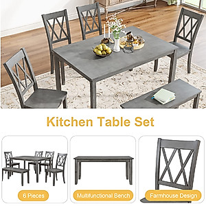 Harper & Bright Designs 6-Piece Dining Set with Bench, Kitchen Table Set with Wood Table, Bench and 4 Cross Back Dining Chairs, Graywash