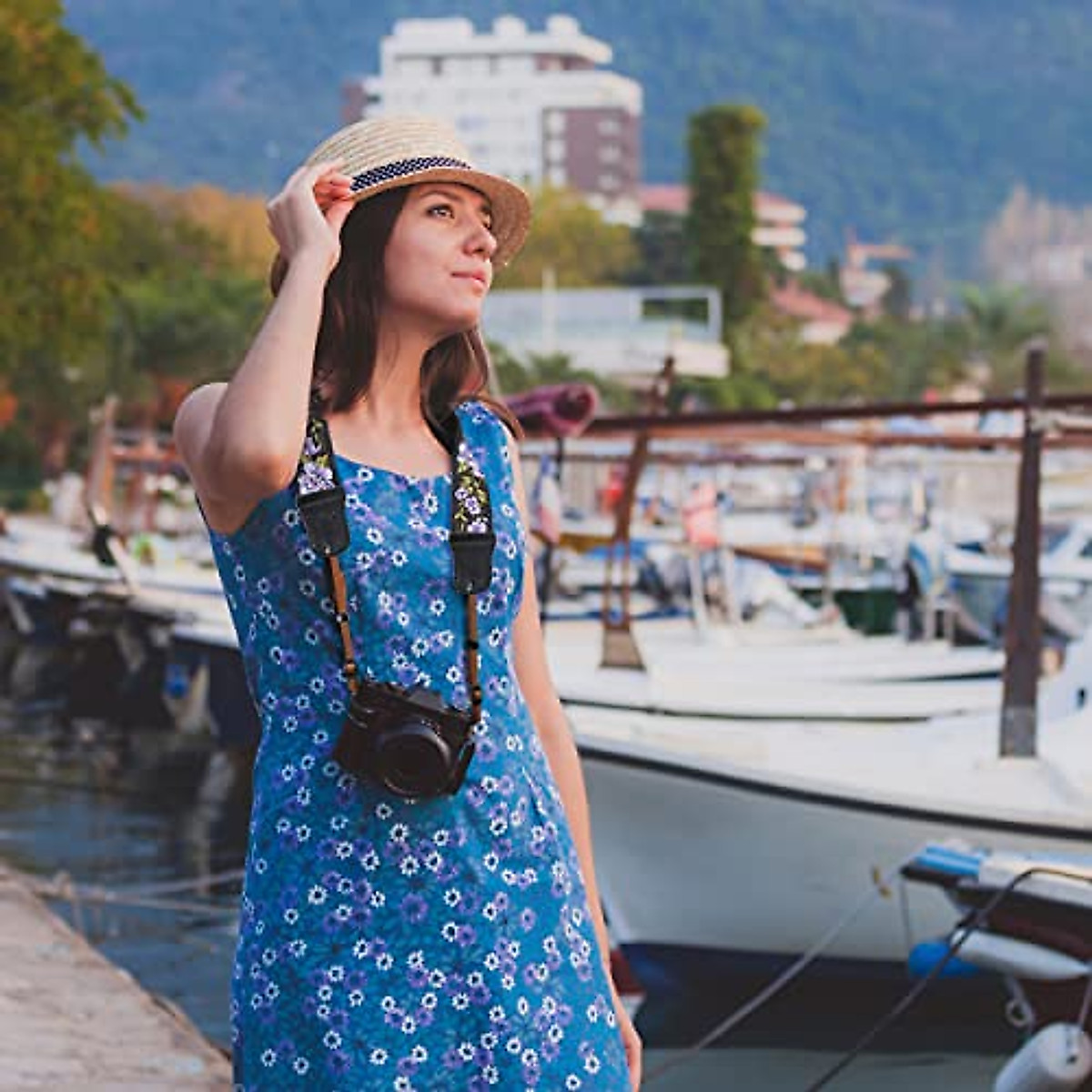 Purple Flower Camera Strap - 2"Wide with Double Layer Cowhide Head,Pure Cotton Embroidery Camera Shoulder Straps,Adjustable Camera Neck Strap for All DSLR / SLR Cameras, Best Gifts for Photographers