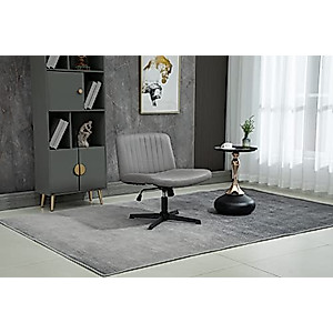 Armless Office Chair No Wheels with Thickened Cushion, Height Adjustable Swivel Ergonomic Computer Task Chair, Mid Back PU-Padded Bedroom Vanity Chair, Home Office Desk Chair - Grey Leather