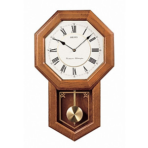 Seiko Light Oak Traditional Schoolhouse Wall Clock with Chime & Pendulum