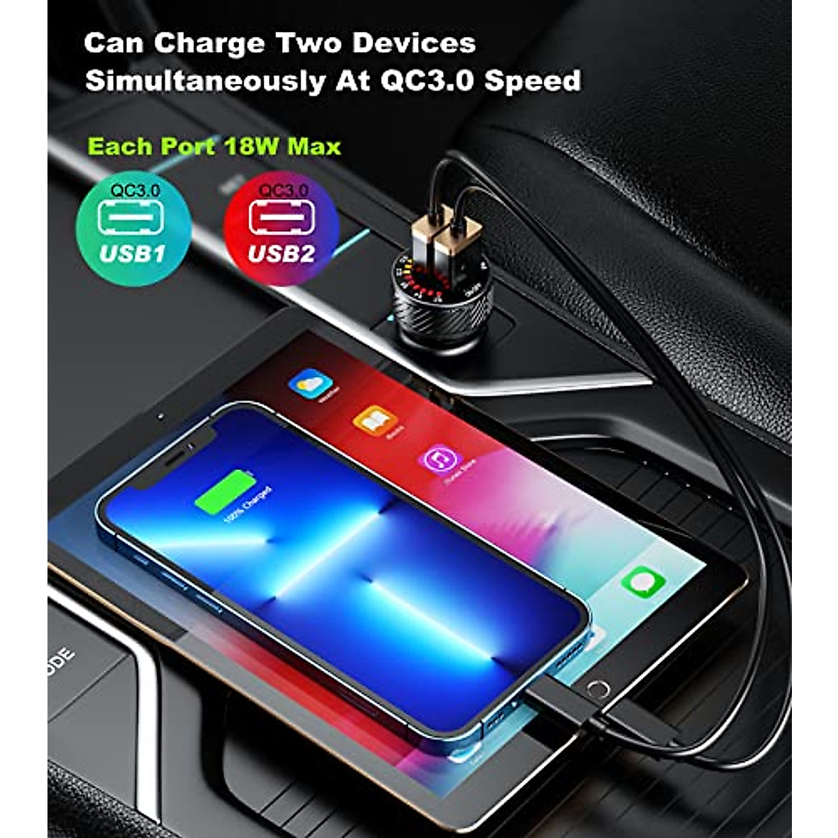 Car Charger, BRCOVAN Dual QC3.0 Port USB Car Charger Adapter, 36W 3A Fast Charge Car Phone Charger with Colorful Voltmeter & ON/Off Switch