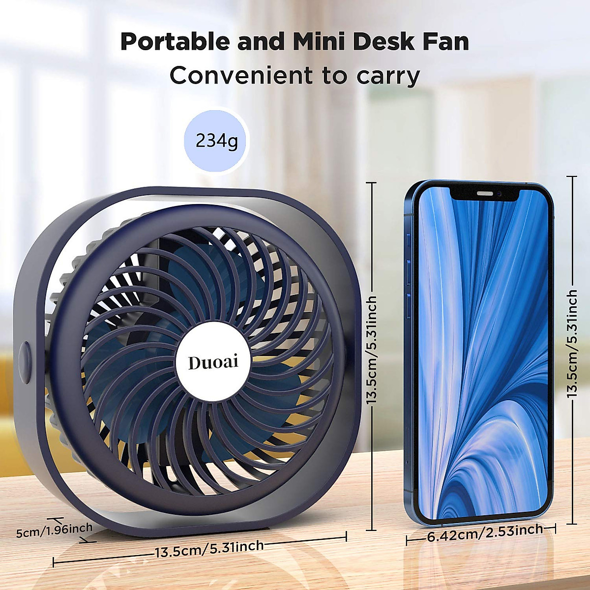 Mini USB Desk Fan Battery Operated, Duoai 2500mAh Desktop Rechargeable Small Quiet Personal Fans Portable with 360°Rotation 3 Speeds for Office Home Library Dorm Bedroom Car Outdoor Travel, Blue