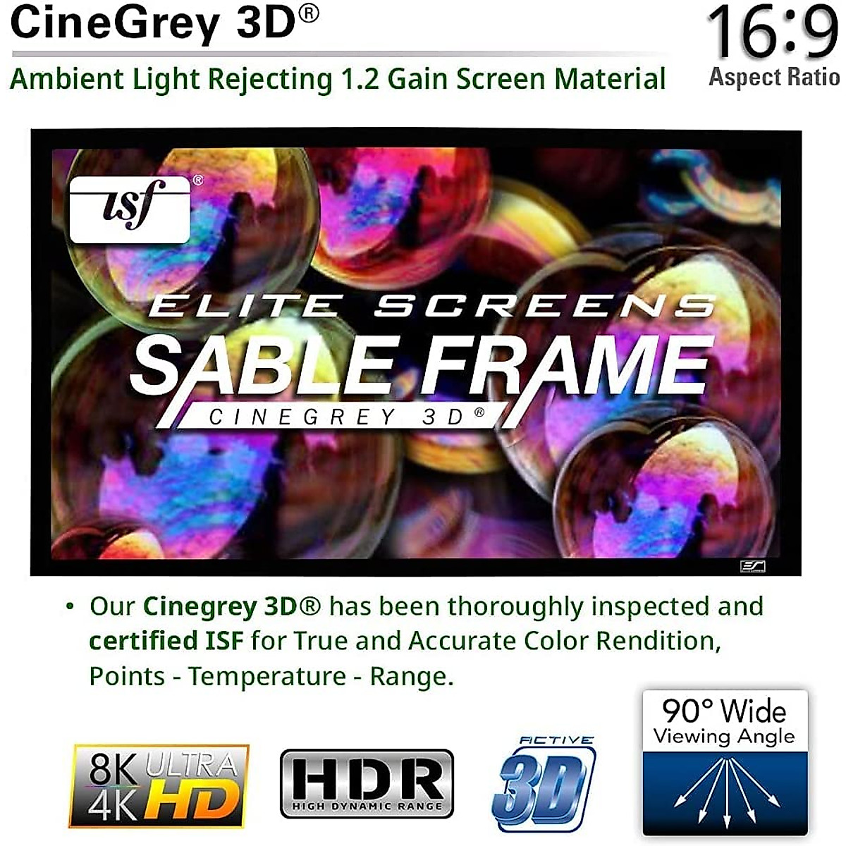 Elite Screens Sable Frame CineGrey 3D, 120-inch Diagonal 16:9, 8K 4K Ultra HD Ready Ceiling and Ambient Light Rejecting Fixed Frame Projector Screen, CineGrey 3D Projection Material, ER120DHD3