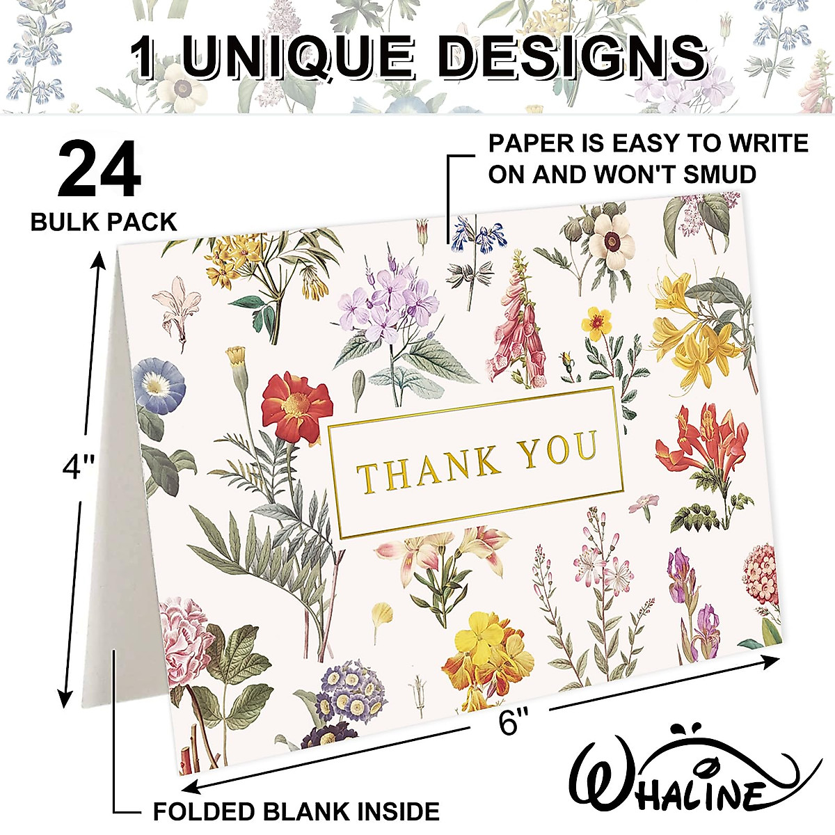 Whaline 24 Pack Wildflower Thank You Cards Vintage Floral Greeting Cards with Envelopes Stickers Gold Foil Retro Spring Blank Note Cards for Wedding Bridal Baby Shower Birthday, 4 x 6 Inch