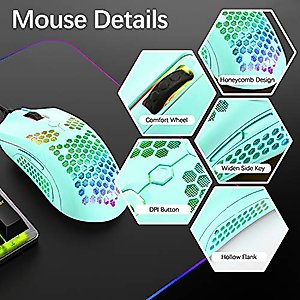 ZIYOU LANG Mechanical Gaming Keyboard and Mouse Combo Blue LED Backlit Keyboard,12000 DPI RGB Lightweight Gaming Mouse with Honeycomb Shell,Large Mouse Pad for Windows Gaming PC(Macaron Green)