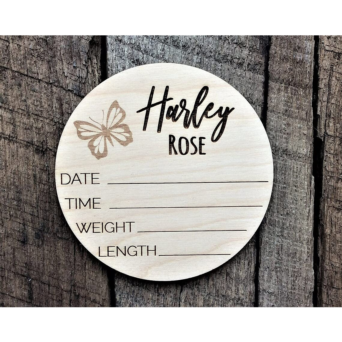 Personalized Wood Baby Name Announcement Sign, Newborn Birth Stats Photo Prop Sign, Butterfly Nursery Name Plaque (8 inches)