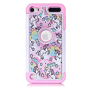 Apple iPod Touch 5,6th Case, iPod 7th Generation Case, Rainbow Unicorn Pattern Shockproof Studded Rhinestone Crystal Bling Hybrid Case Silicone Protective Armor for Apple iPod Touch 5 6th Generation