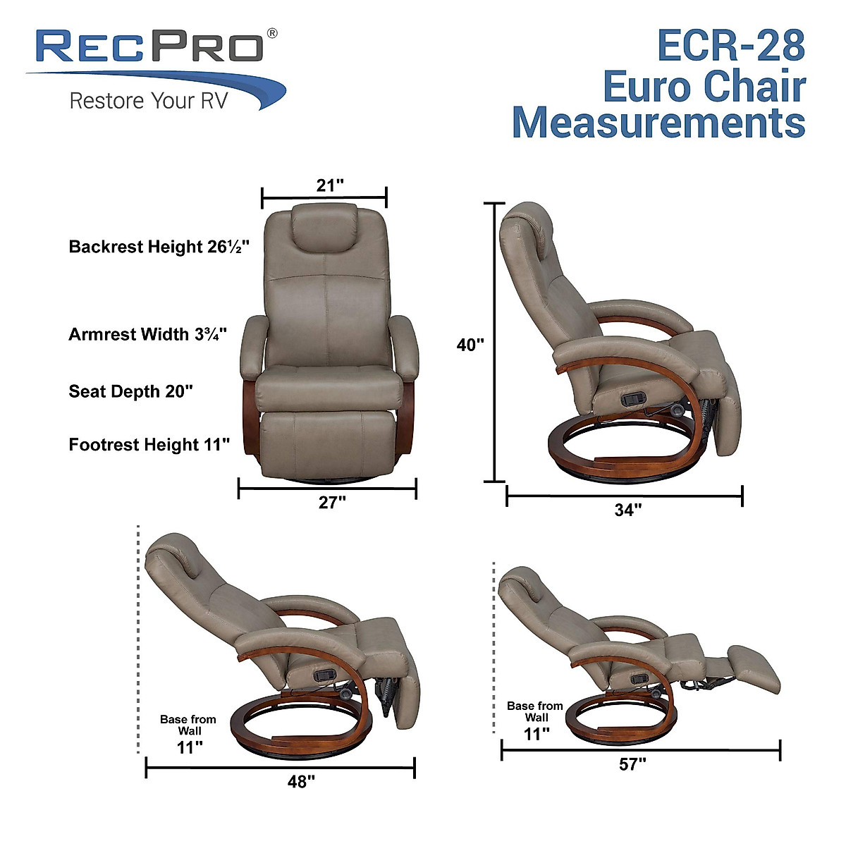 RecPro Charles 28" RV Euro Chair Recliner Modern Design RV Furniture (2, Mahogany)