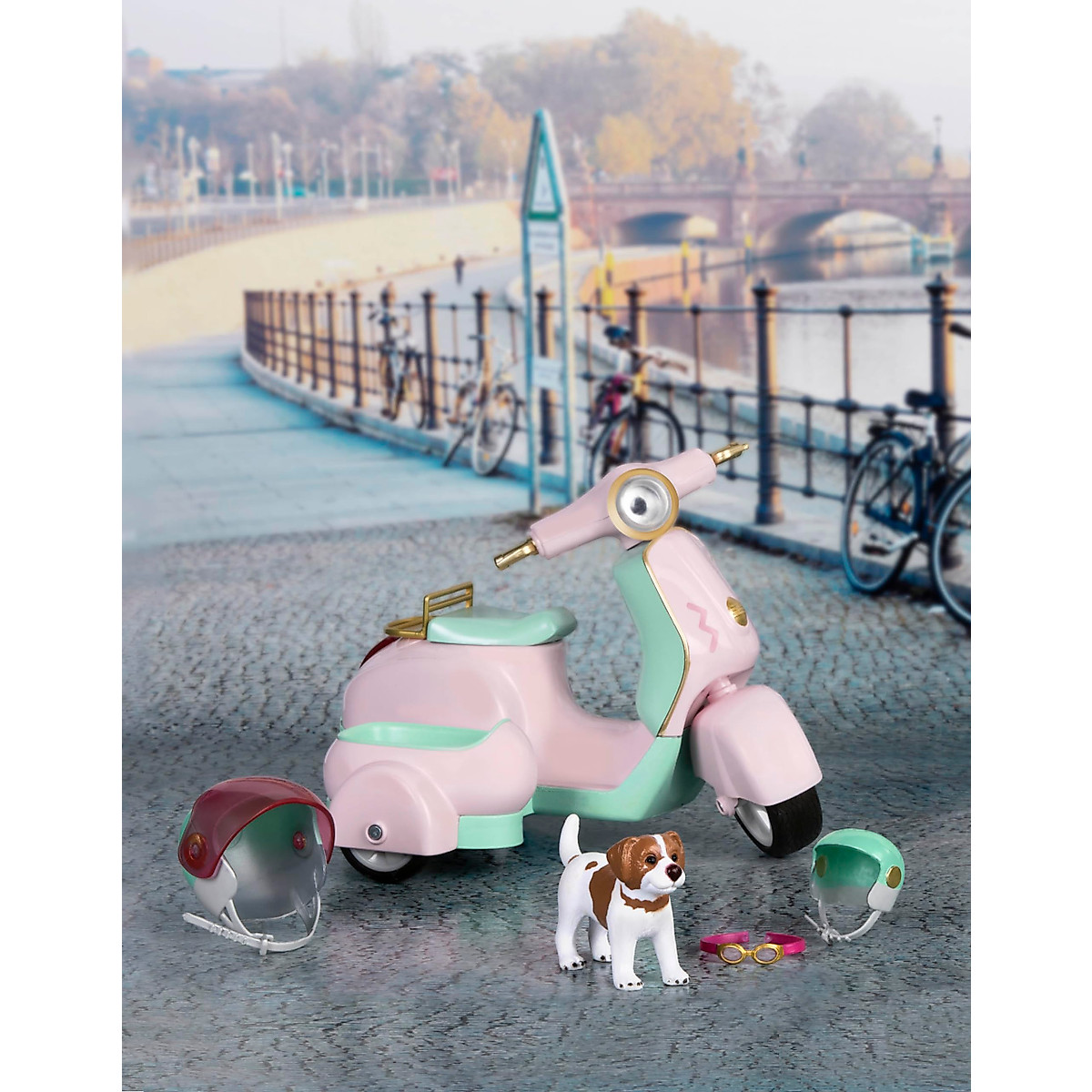 Lori Dolls – Toy Scooter for Mini Dolls – Vehicle with Accessories – Toy Dog with Helmet & Goggles – Working Lights & Sounds – Let’s Go for a Spin Scooter – 3 Years +