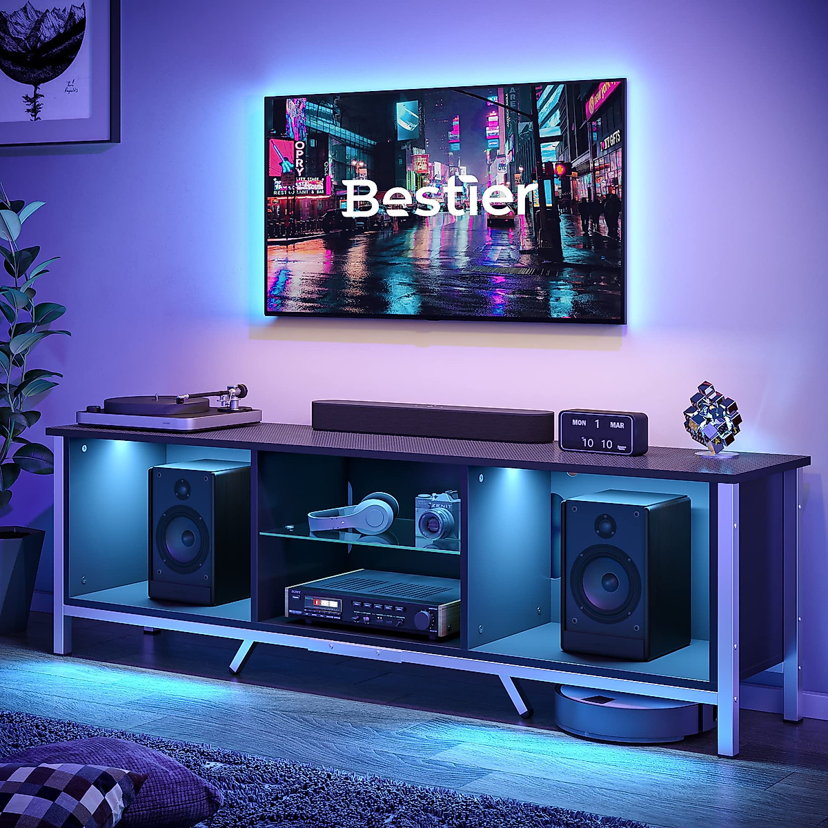 Bestier TV Stand with LED Light for 75 inch TV, Modern Gaming Entertainment Center with Detachable Glass Shelves for PS5 Black Carbon Fiber