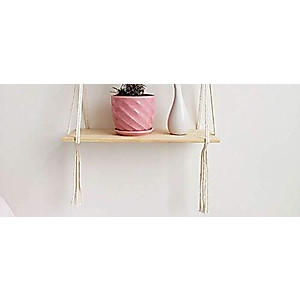 BLUETTEK Macrame Wall Hanging Shelf, Wood Floating Hanging Storage Shelf Organizer Hanger, Handmade Cotton Rope Bohomia Woven Home Wall Decor (Diamond)