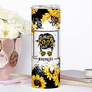 YouNique Designs Sunflower Mom Coffee Tumbler with Straw and Lid, 20 Oz, Insulated Stainless Steel Skinny Tumbler for Women, Mama Tea Tumbler, Mom Life Water Tumbler Cup