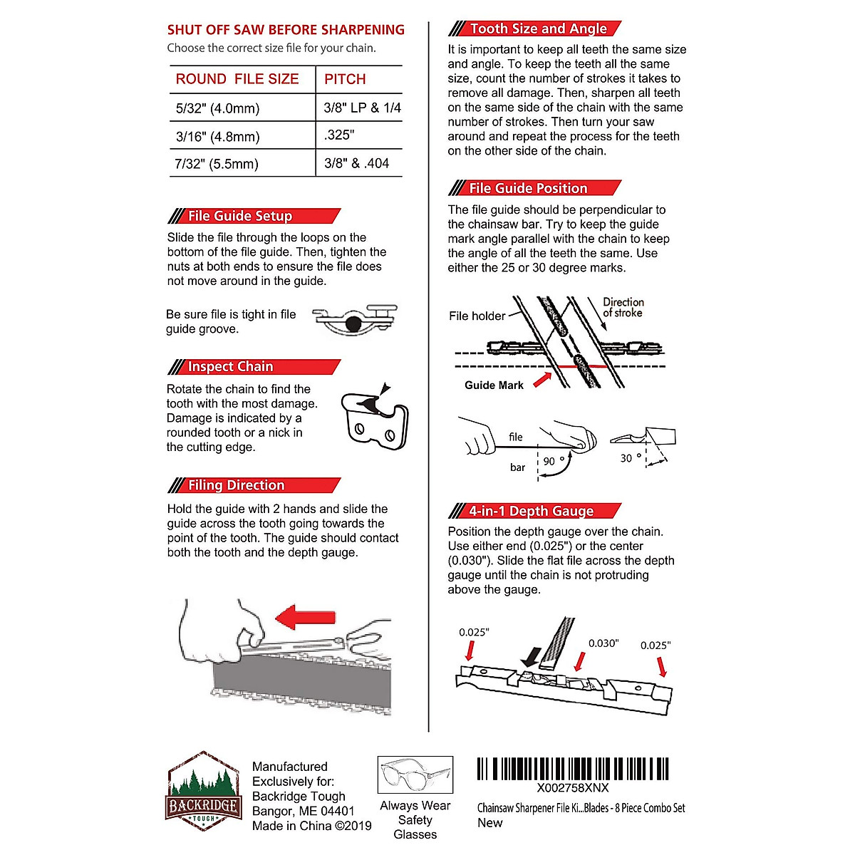 Chainsaw Sharpener File Kit – Flat, 5/32, 3/16, 7/32 Inch Round Files, Raker Tooth Depth Gauge, Blade Filing Guide, Wood Handle & Tool Pouch – used to Sharpen Chain Saw Teeth - 8 Piece Sharpening Set