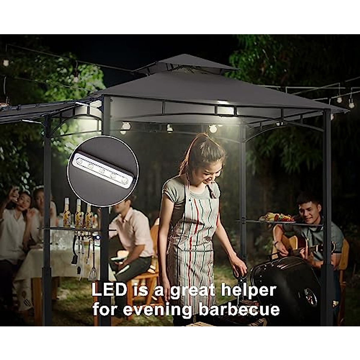 ABCCANOPY Grill Gazebo with Extra Awning - 5'x11' Outdoor Grill Canopy BBQ Gazebo Barbecue Canopy with LED Lights for Backyard, Lawn and Patio (Dark Grey)