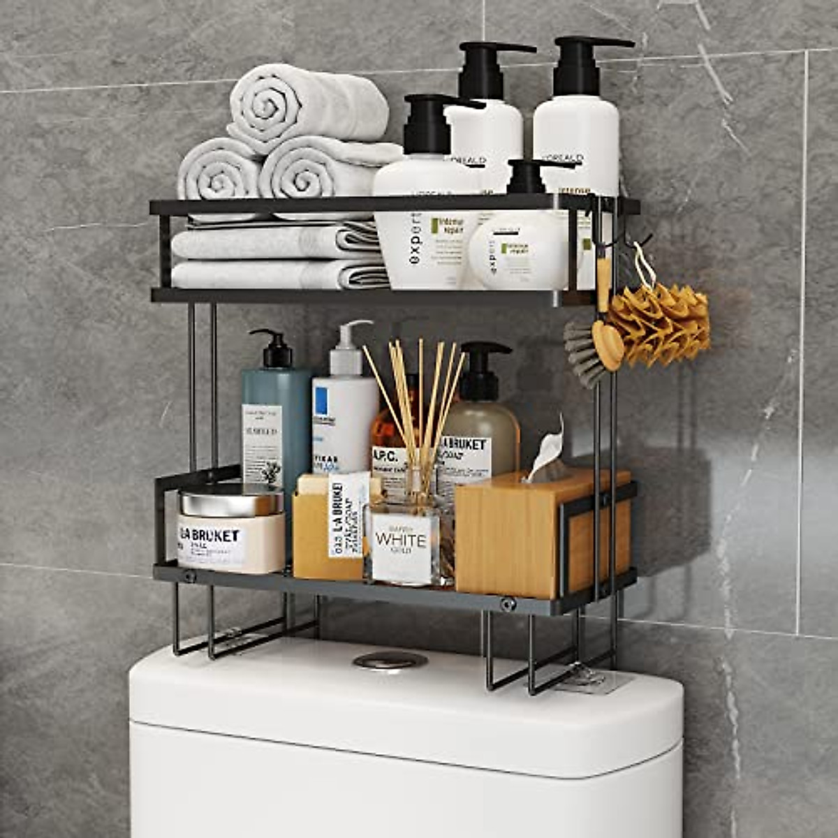 Aouton Bathroom Over The Toilet Storage Shelf, 2 Tier Bathroom Organizer Shelf Over Toilet Waterproof Dustproof, Toilet Space Saver Shelf with Hooks & Adhesive Base, Black