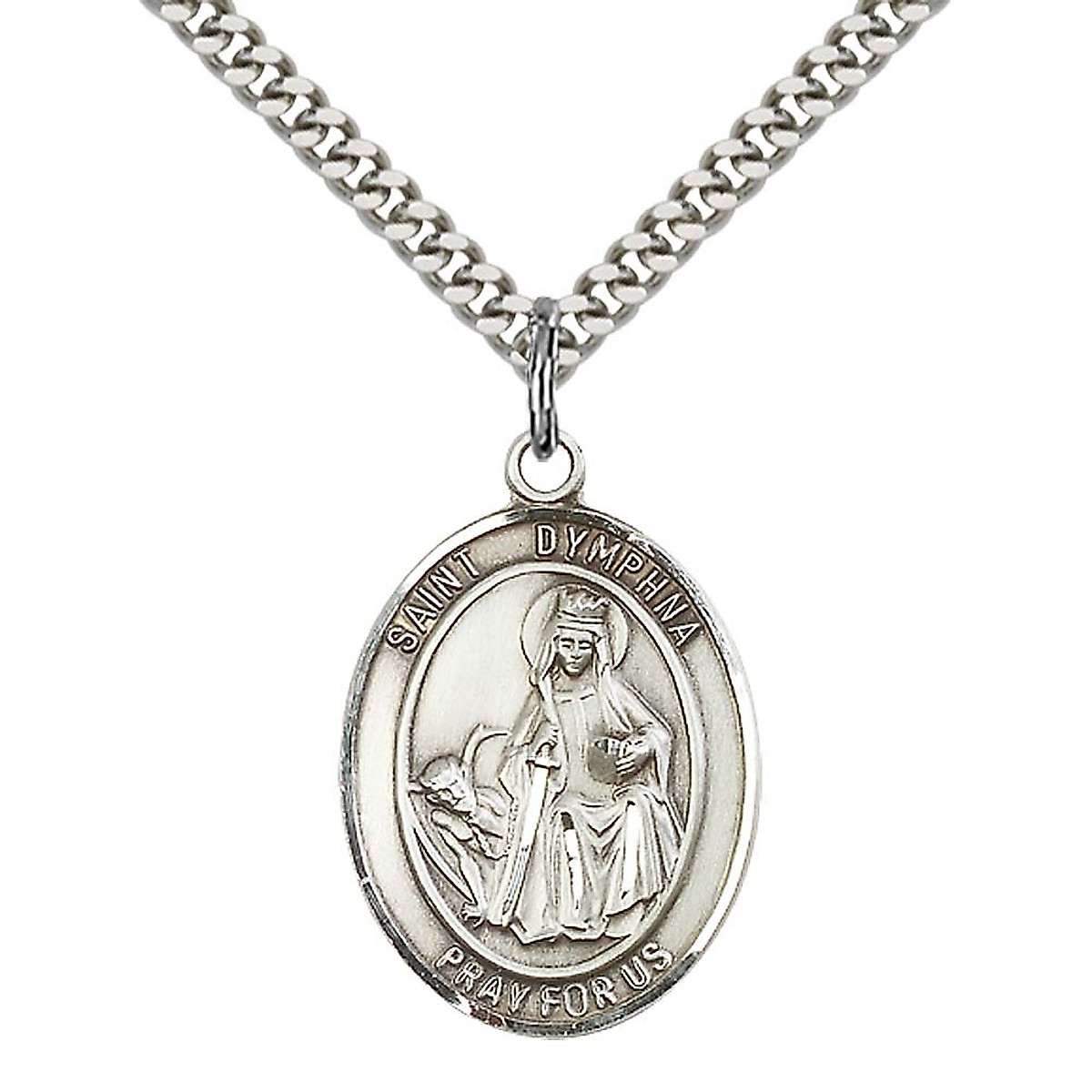 F A Dumont Sterling Silver St. Dymphna Pendant with 24" Stainless Steel Heavy Curb Chain. Patron Saint of Mental Illness/Runaways