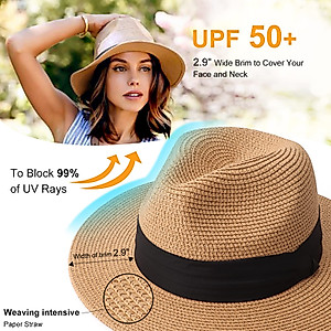 DRESHOW Women Panama Hat Fedora Beach Sun Wide Brim Straw Roll up Hat UPF 50+