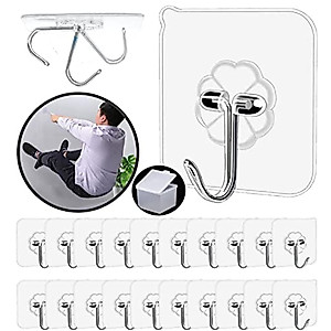 QUALIALL Adhesive Hooks, 20 Packs, 33lbs/15kg Premium Heavy Duty Wall Ceiling Hooks for Hanging, Damage Free, Clear Sticky Hanger for Kitchen, Bathroom Shower Outdoor Use.