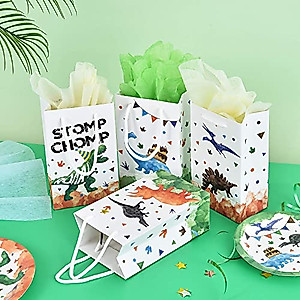 WERNNSAI Watercolor Dinosaur Party Bags - 16 Pack Dinosaur Party Favor Bags for Boys Kids Dino Theme Party Supplies Candy Treat Goodies Gift Bags with Handle