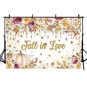 AIBIIN 7x5ft Fall in Love Backdrop Autumn Wedding Engagement Bridal Shower Party Decorations for Couple Pumpkin Gold Maple Leaf Burgundy Pink Floral Photography Background Banner Photo Shoot Props