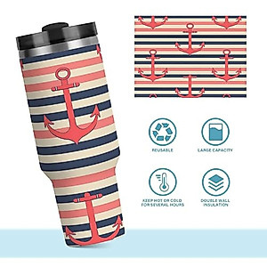 FRCSDIY Striped Anchor Insulated Tumbler with Handle and Straw Lid,40oz Leakproof Stainless Steel Cup BPA-Free Water Bottle
