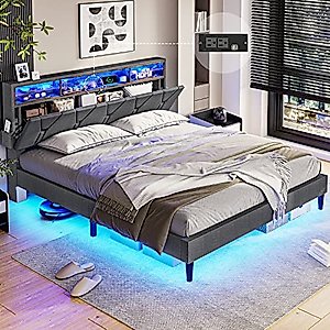 BTHFST Full Size Bed Frame with Outlets and USB Ports, Full Bed Frame with LED Lights, Upholstered Platform LED Bed Frame Full with Storage Shelf Headboard, No Box Spring Needed, Dark Grey
